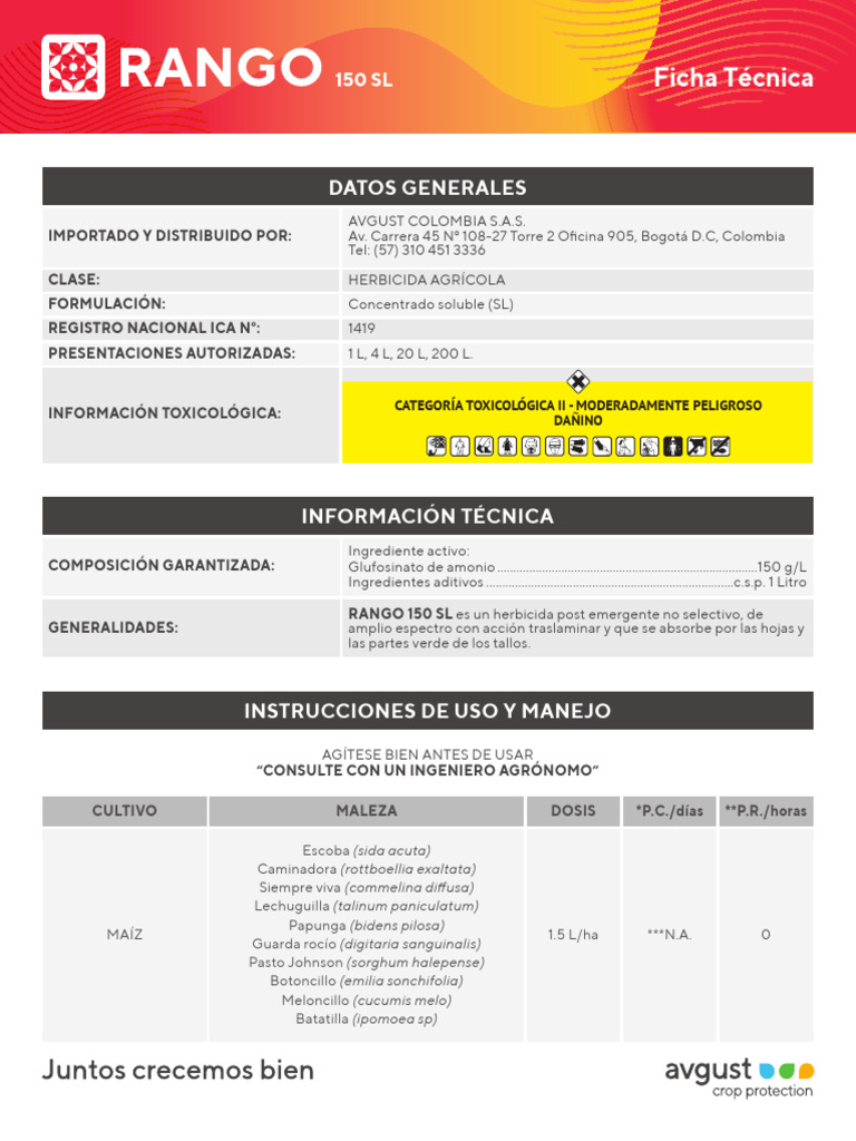 Rango 150 SL FichaTecnica - 2022 - CO | PDF | Agua | Plantas