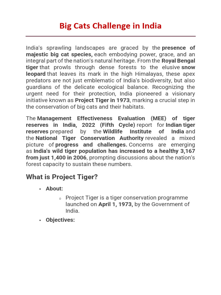 India's Big Cat Conservation Efforts | PDF | Tiger | Conservation Biology