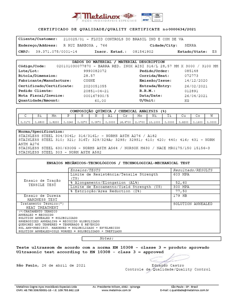 Teste Ultrassom de Acordo Com A Norma EN 10308 - Classe 3 Produto ...