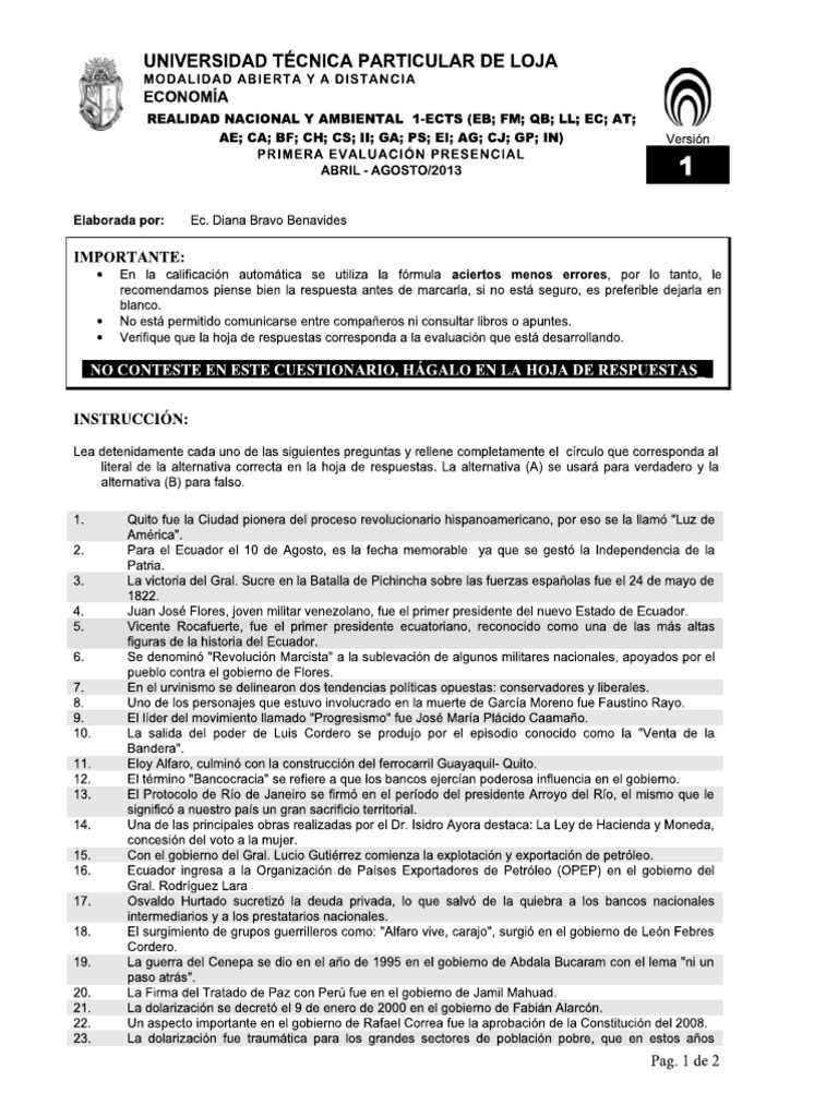 Cuadernillo Realidad Nacional 1bim UTPL | PDF