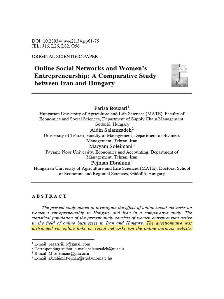 Online Social Networks and Women's Entrepreneurship A Comparative Study Between Iran and Hungary ...