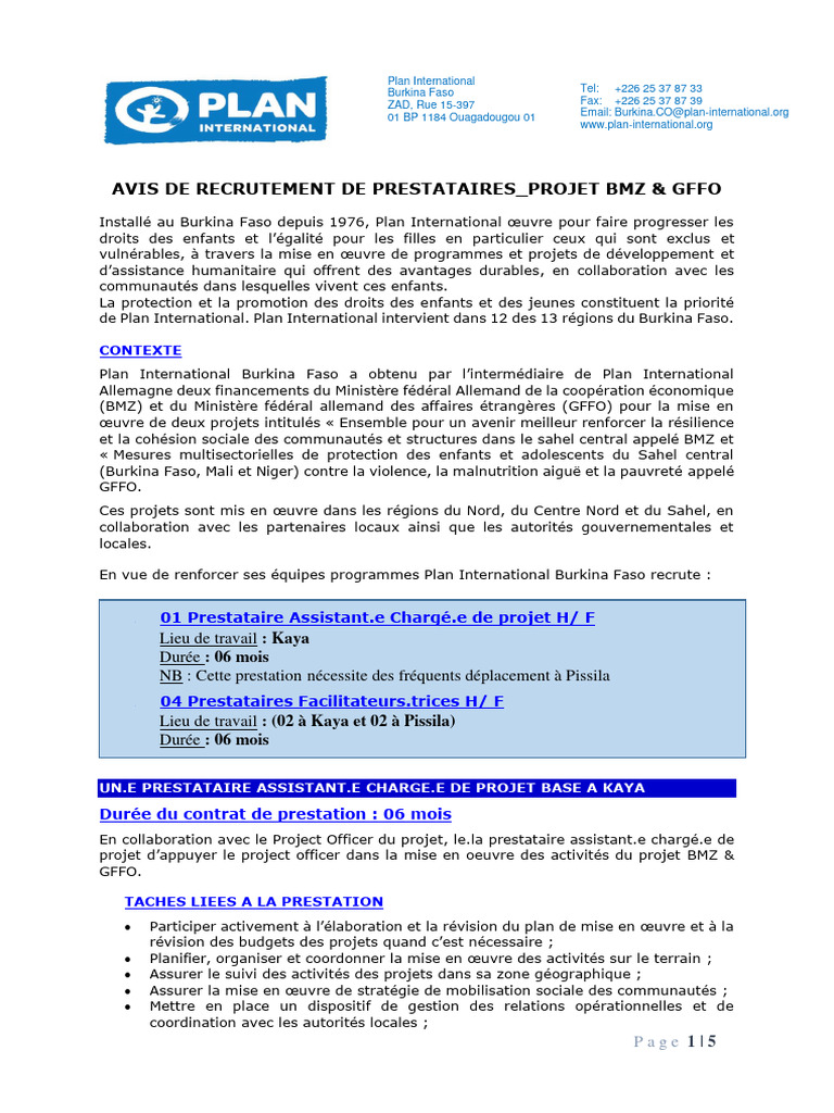 Avis de Recrutement de Prestataires Equipe Programmes BMZ & GFFO | PDF