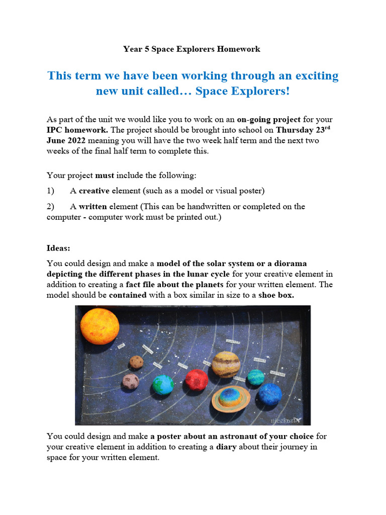Year 5 Space Explorers Homework 2022 | PDF