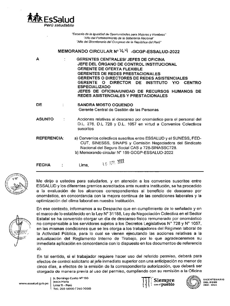 Memorando Circular #164-Gcgp-Essalud-2022 | PDF
