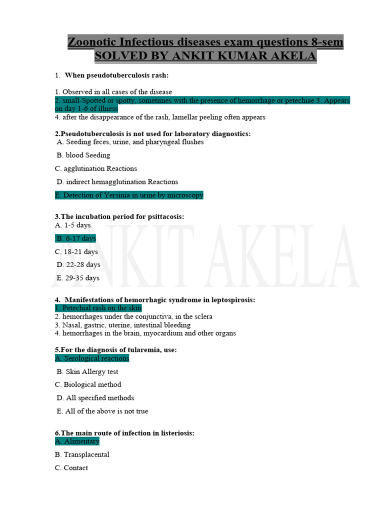 220-Zoonotic Infectious Diseases Exam | PDF