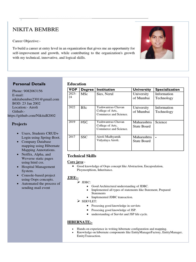 NIKITA BEMBRE Resume1 | PDF | Spring Framework | Computer Science