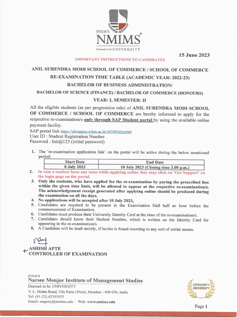 Revised Re Exam Time table of Sem II (1) | PDF