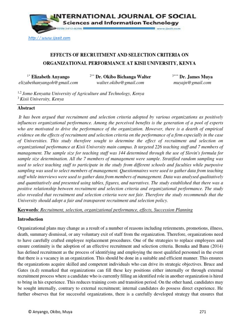 Effects Of Recruitment And Selection Criteria On Organizational