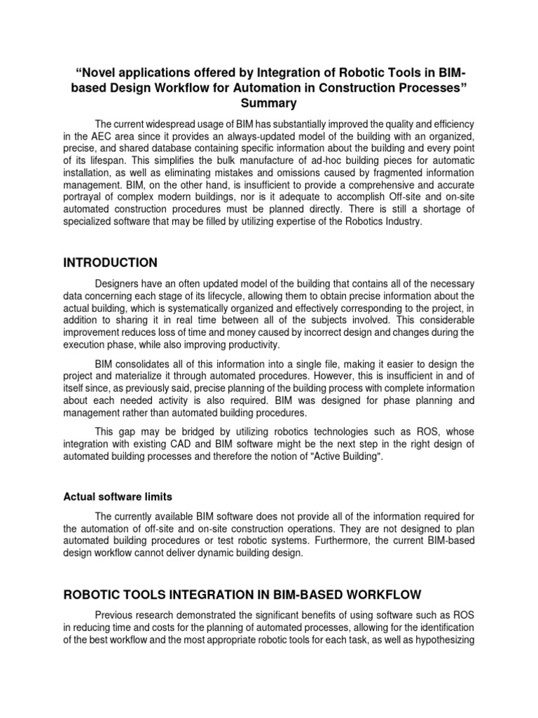 Novel Applications Offered by Integration of Robotic Tools in BIM-based Design Workflow For ...