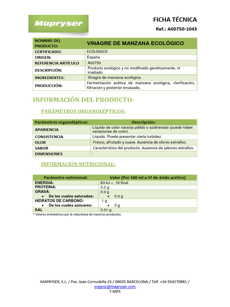 Ficha Técnica - Vinagre de Manzana | PDF | Cereales | Nutrición