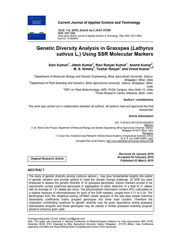 SSR LATHYRUS FINAL Genetic Diversity Analysis in Grasspea Lathyrus Sativus Using SSR Molecular ...