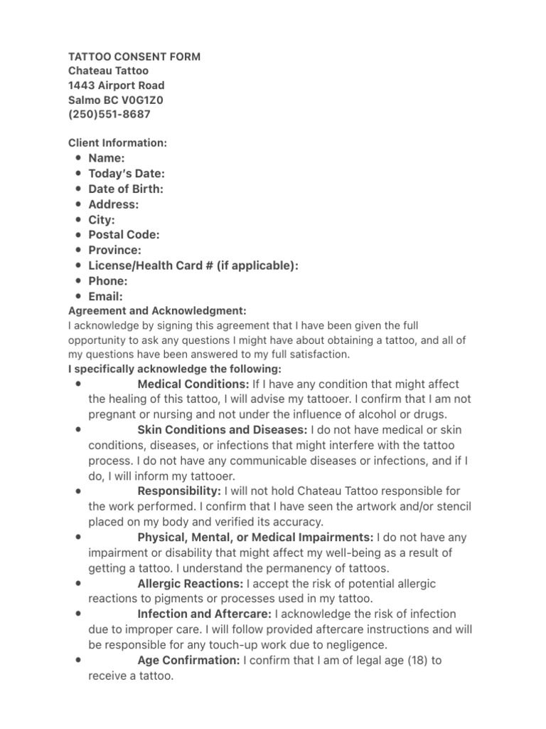 TATTOO CONSENT FORM | PDF | Tattoo | Clinical Medicine