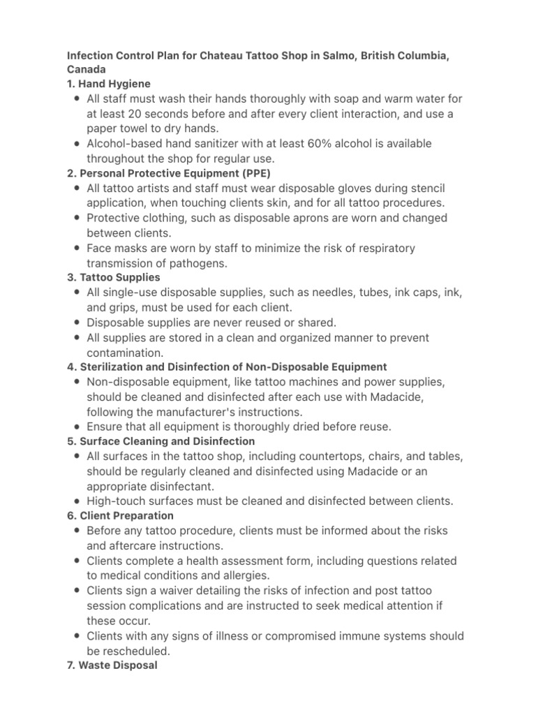 Infection Control Plan For Chateau Tattoo Shop in Salmo, British ...