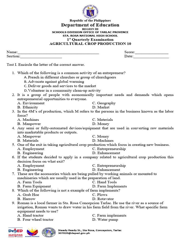 AGRI 1st Examination Final | PDF