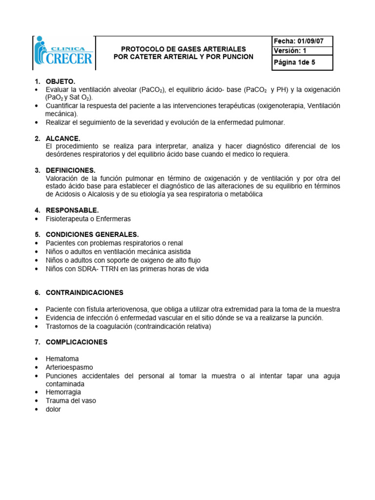 Protocolo Gases Arteriales: Guía Completa | PDF | Enfermedades y trastornos | Medicina CLINICA