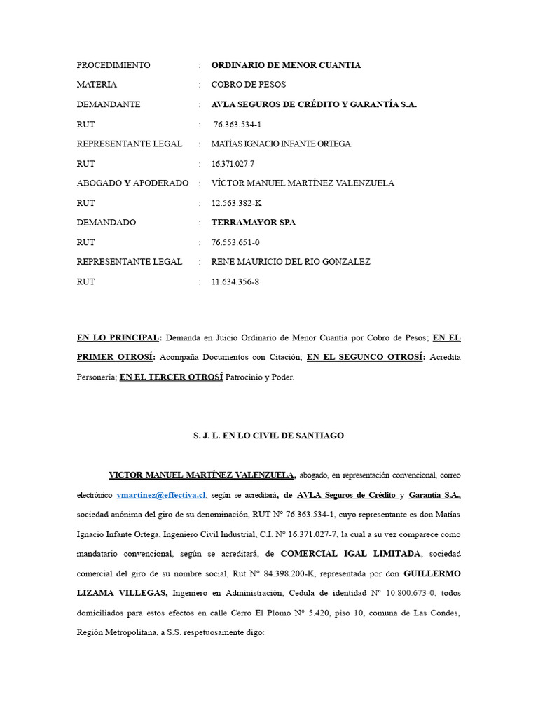 Demanda - Cobro de Pesos - Comercial Igal Limitada - Terramayor Spa ...