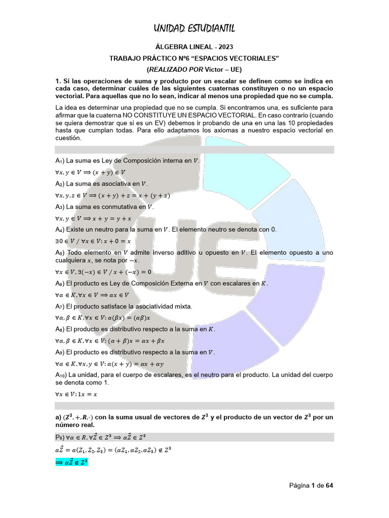 TP Nº6 - Álgebra Lineal - UE - V.2 | PDF | Espacio vectorial | Escalar (Matemáticas)