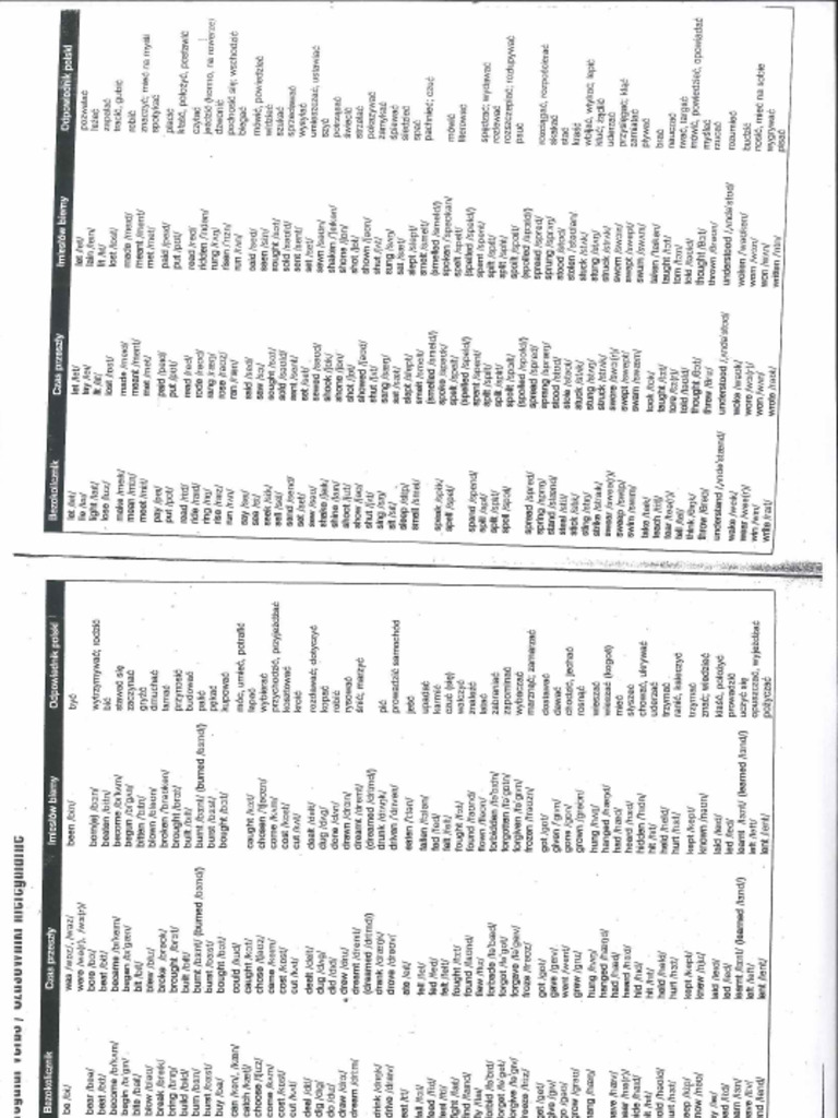 Irregular Verbs Z Tłumaczeniem Na J.polski | PDF