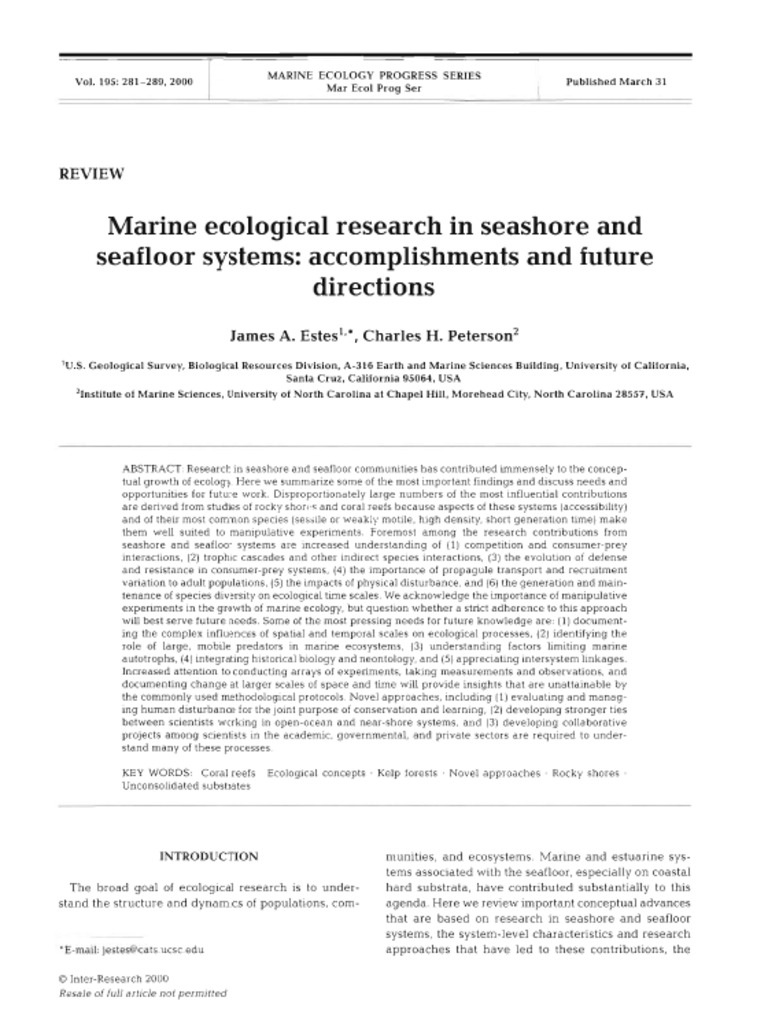 Marine Ecological Research in Seashore and Seafloor Systems ...