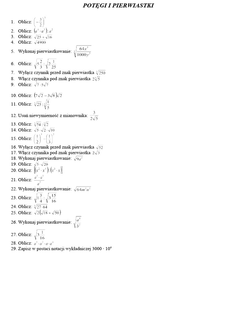 Potegi - I - Pierwiastki - Karta Pracy | PDF