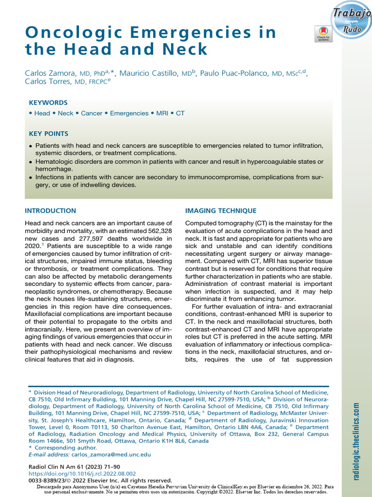 Oncologic Emergencies in The Head and Neck | PDF | Stroke | Magnetic ...