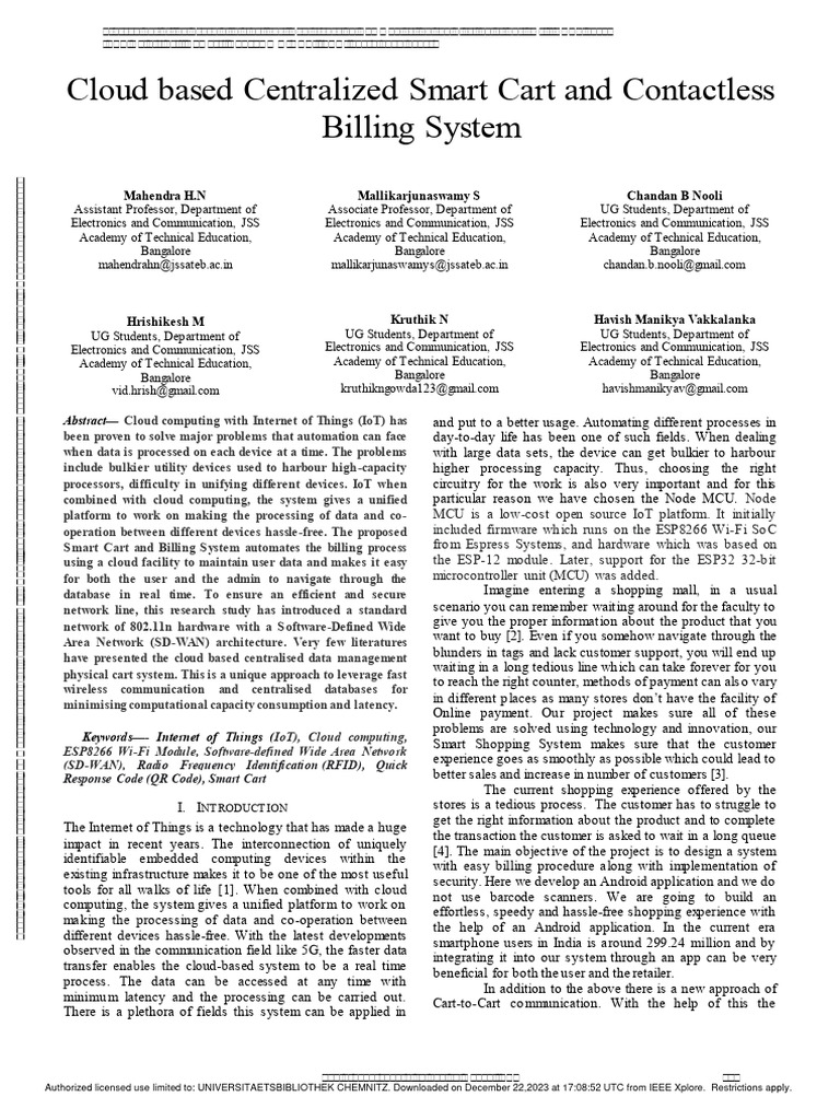 Cloud Based Centralized Smart Cart and Contactless Billing System | PDF