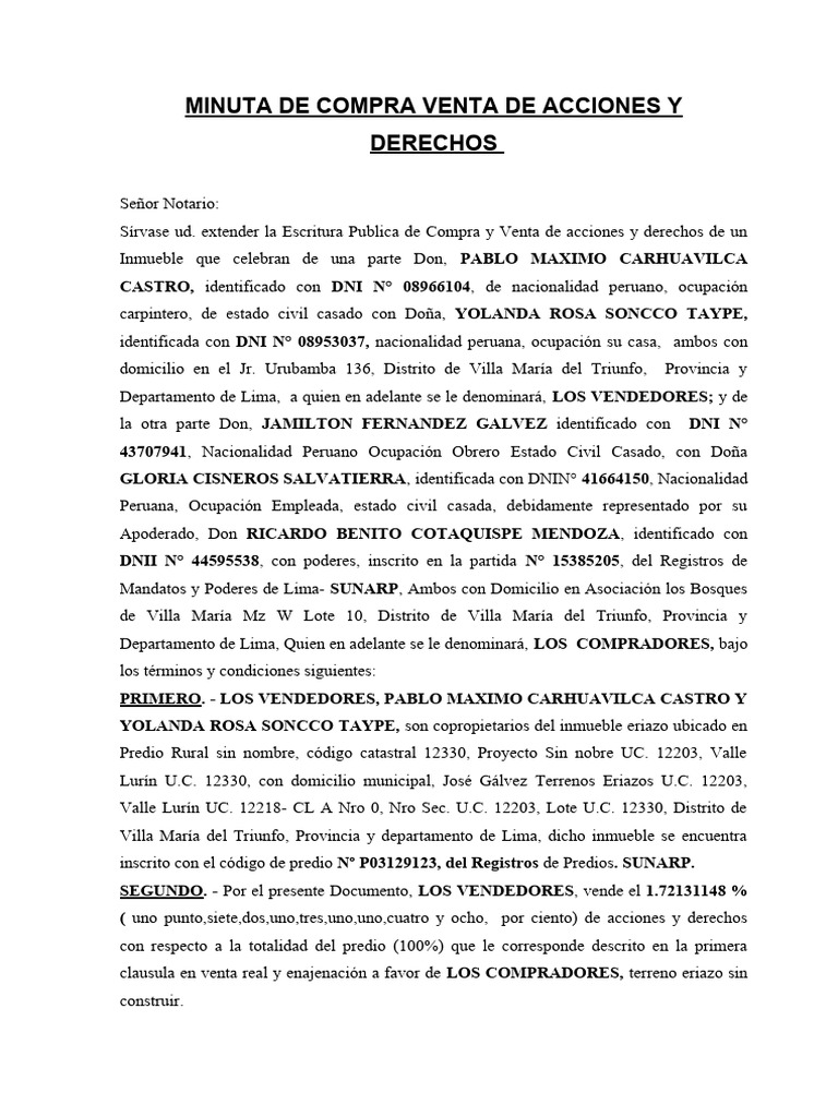 MINUTA DE COMPRA VENTA DE ACCIONES | PDF | Derecho Civil (Common Law)