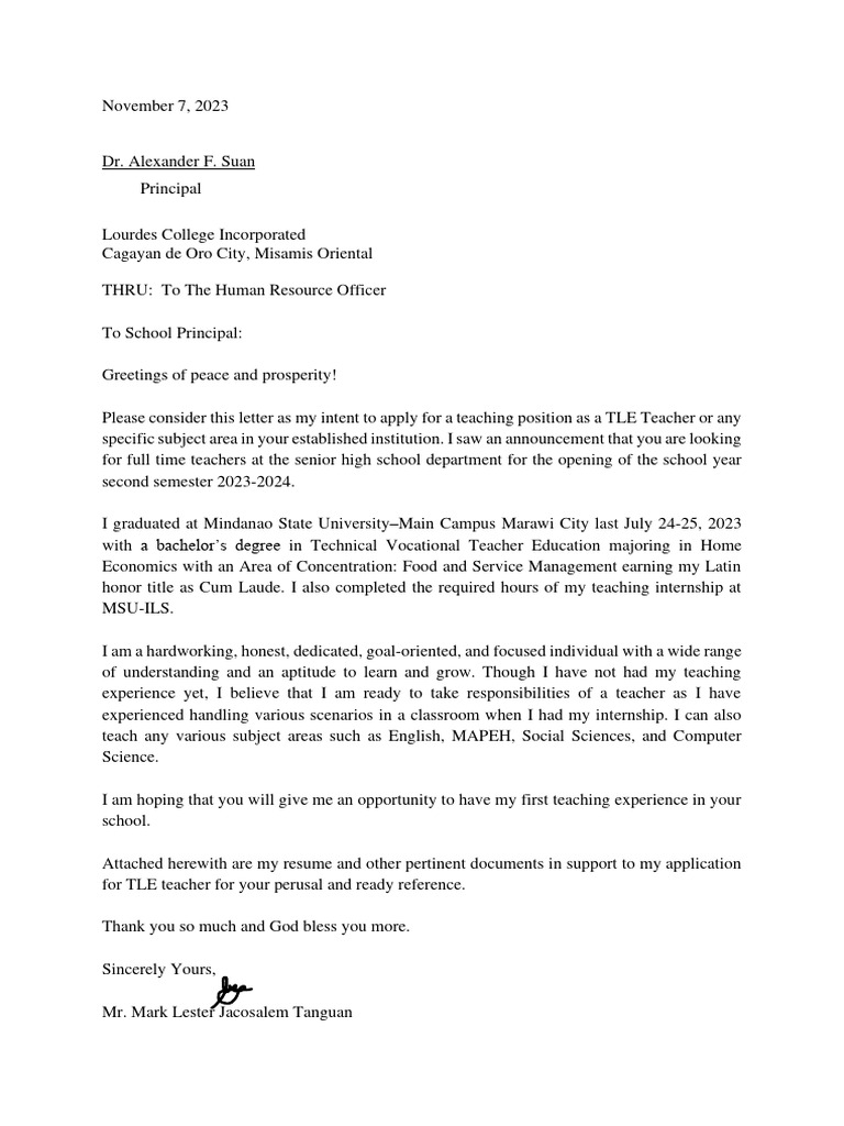 Application Letter (Lourdes College - CDO) | PDF