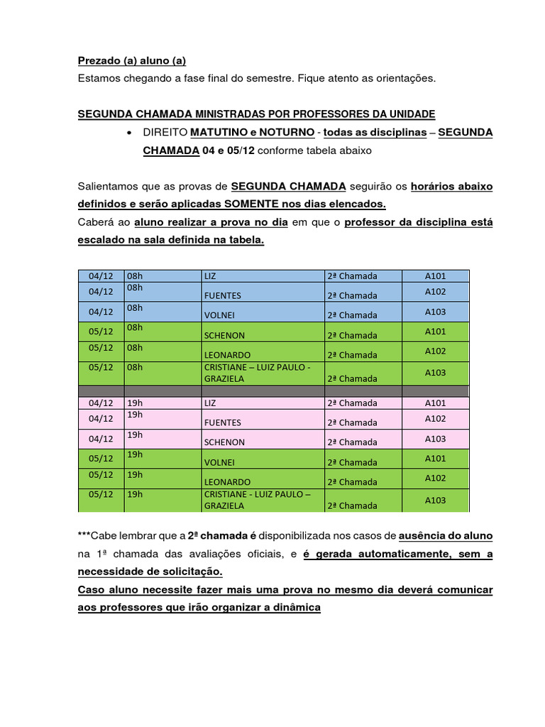 Informativo108 Segunda Chamada - Exames - Datas - Salas - Professores | PDF