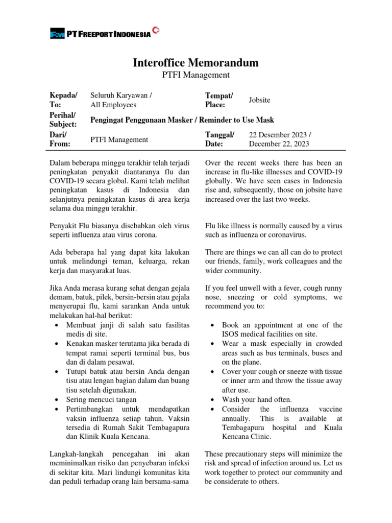 MEMO Reminder To Use Mask - 22 Dec 2023 | PDF