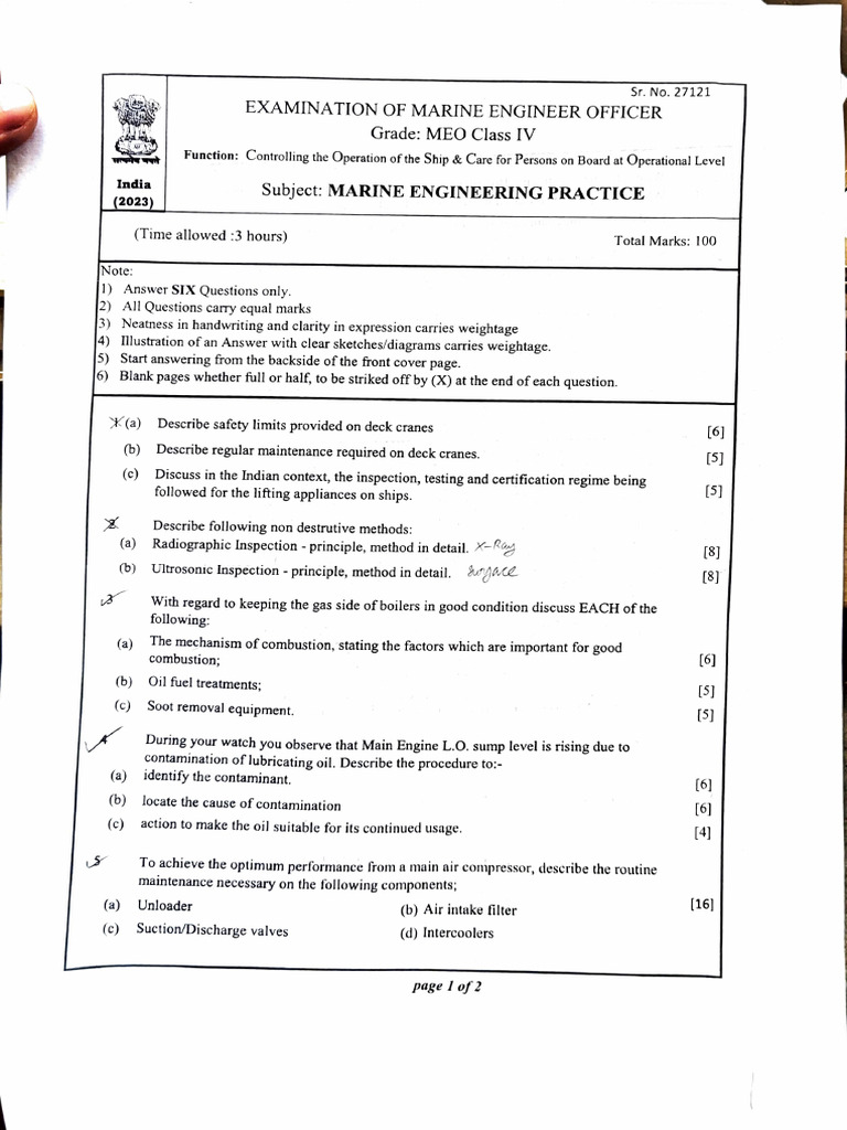 Subject: Marine Engineering Practice: Examination of Marine Engineer ...