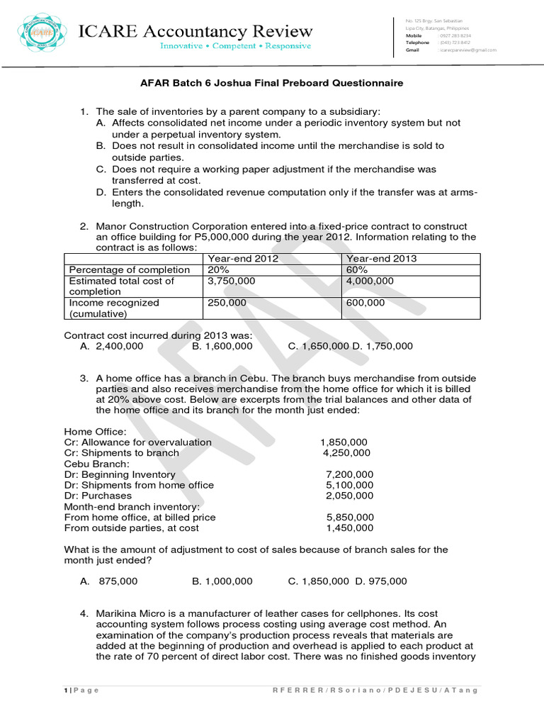 AFAR Final Preboard Questionaire | PDF | Mergers And Acquisitions | Debits And Credits