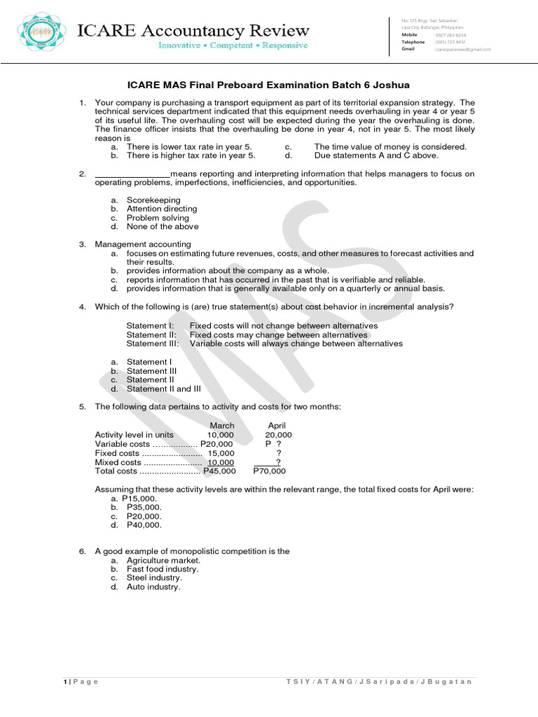 Final Preboard MS ICARE Batch 6 | PDF | Depreciation | Stocks