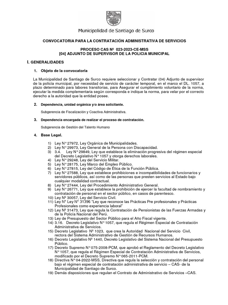 Proceso Cas #023 04 Adjunto de Supervisor de La Policia Municipal | PDF | Policía | Gobierno