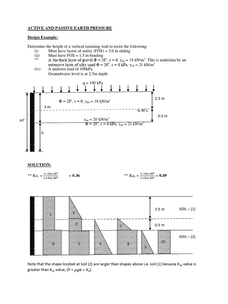 ACTIVE PASSIVE EARTH PRESSURE Design Example | PDF | Soil | Physical ...