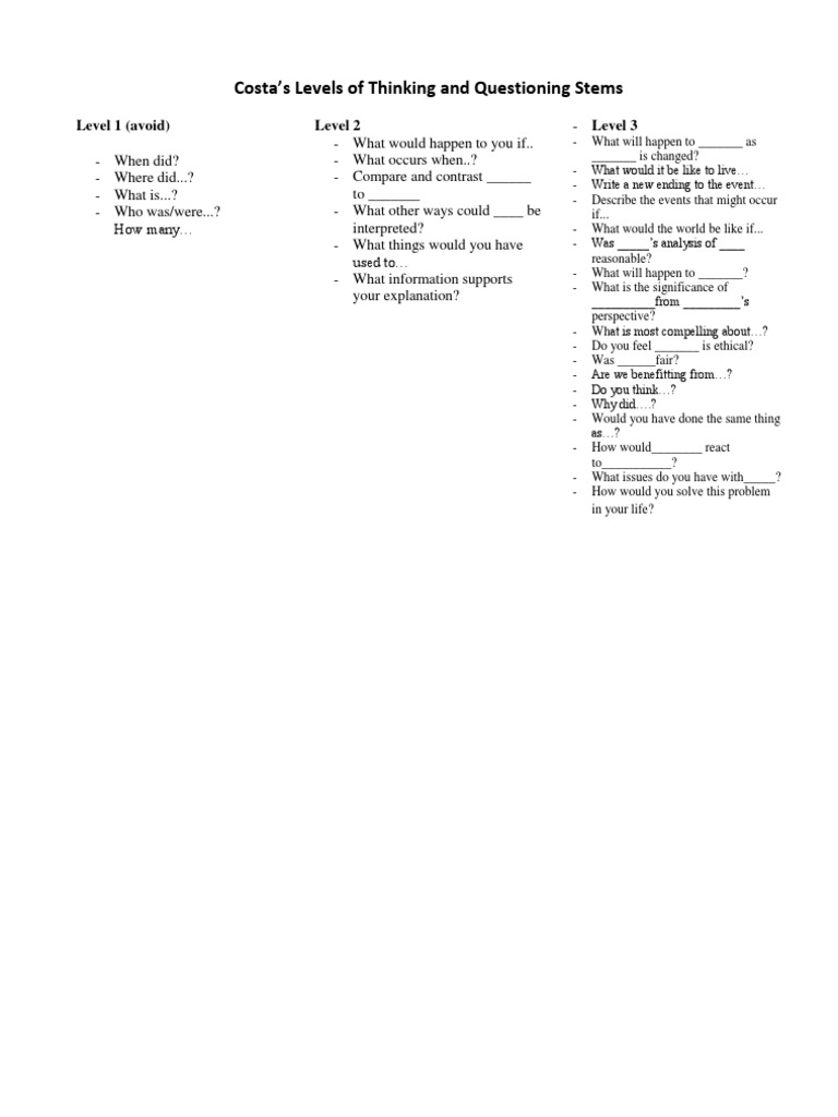 Costa Question Stems | PDF | Self-Improvement