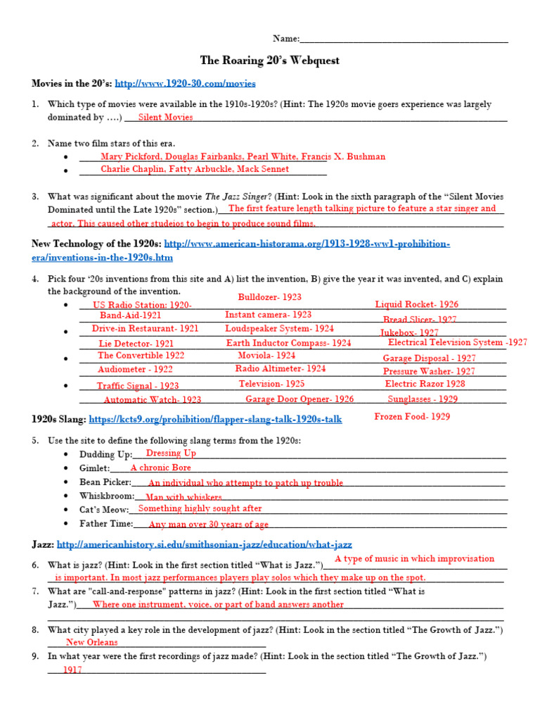 Roaring 20s Webquest-Answer Key | PDF | Harlem Renaissance | Jazz