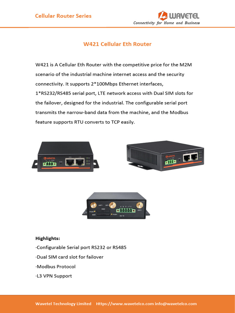 W421 Cellular Eth Router Datasheet-2 | PDF | Router (Computing) | Virtual Private Network
