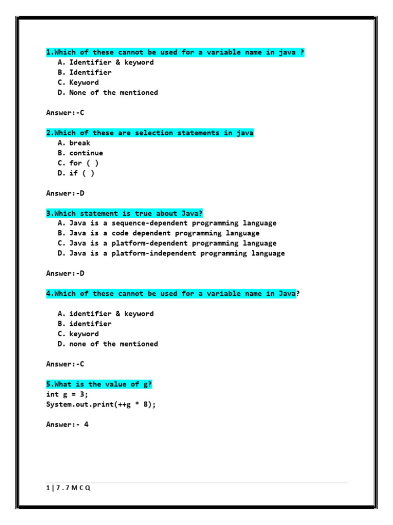 7.MCQ WITH ANS (1) | PDF | Variable (Computer Science) | Object Oriented Programming