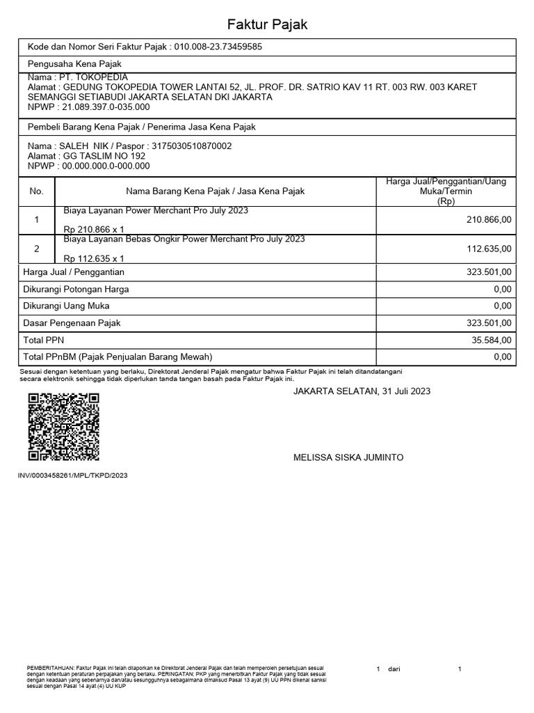 Faktur Pajak 2023 INV 0003458261 MPL TKPD 2023 | PDF