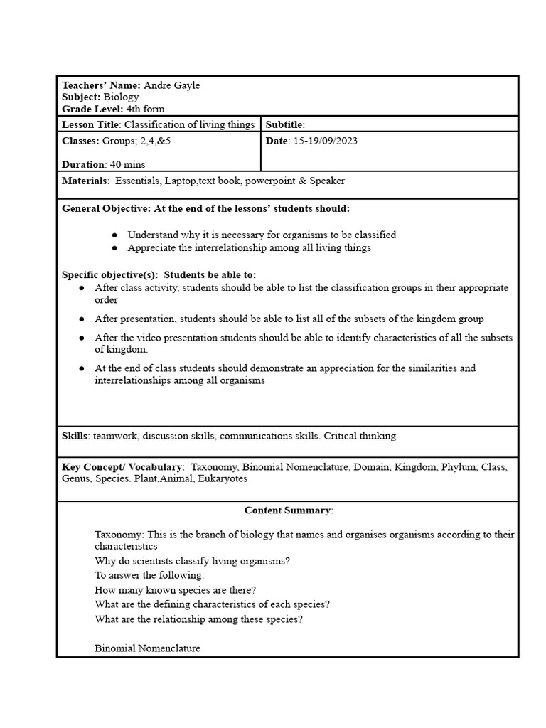 Taxonomy and Classification Lesson Plan | PDF | Taxonomy (Biology ...