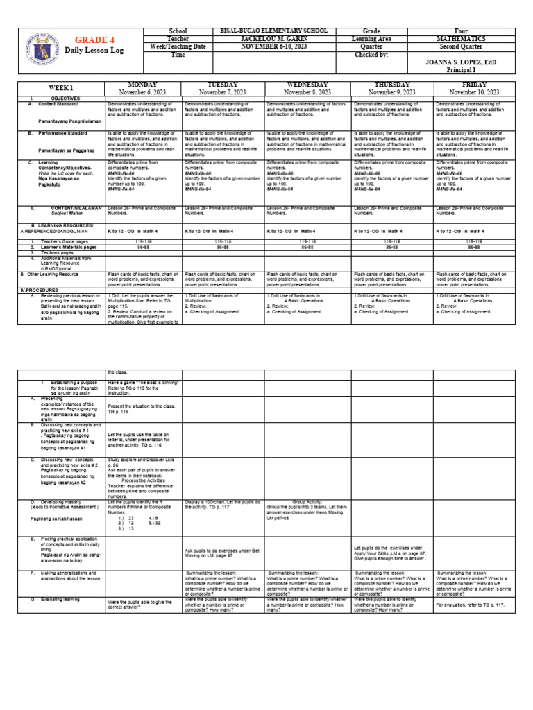 Grade 4 DLL Quarter 2 Week 1 (Sir Bien Cruz) | PDF | Flashcard ...
