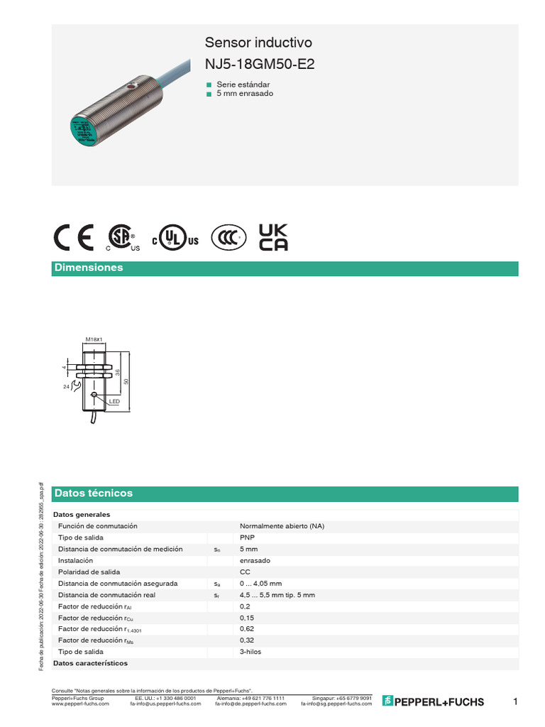 Sensor Inductivo NJ5-18GM50-E2: Dimensiones | PDF