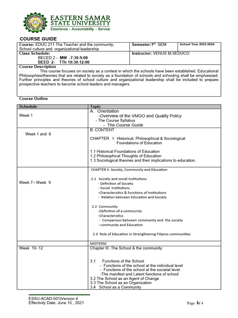 501 Course Guide Educ 211 The Teacher The Community School Culture and ...