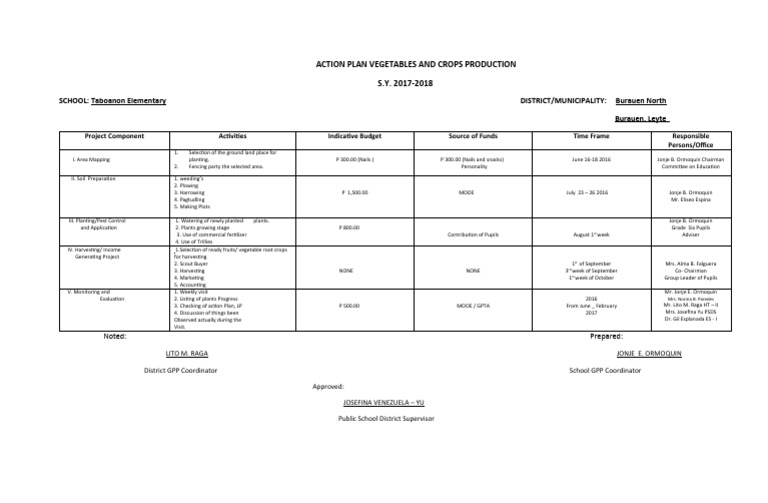 ACTION PLAN VEGETABLES AND CROPS PRODUCTION Tatay Dome | PDF ...