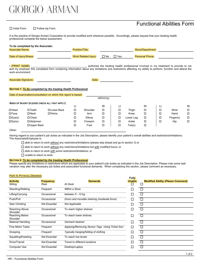 Functional Abilities Form - US - Non Work Related Illness or Injury | PDF
