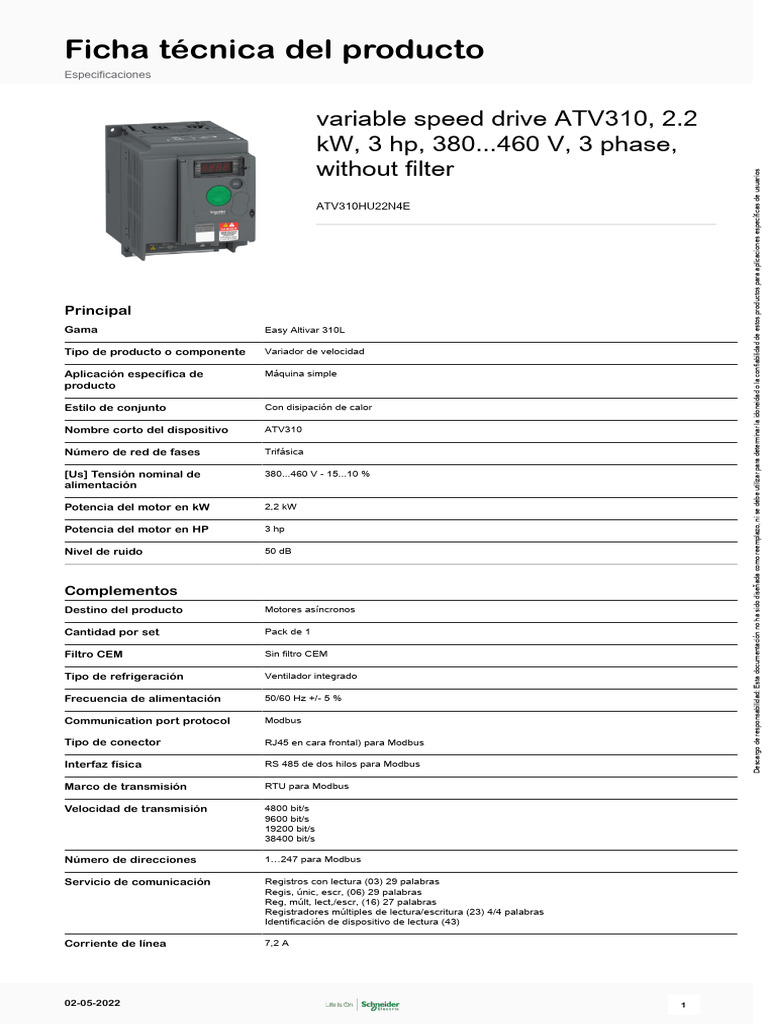 Altivar Easy 310 - ATV310HU22N4E | PDF | Corriente eléctrica | Electricidad