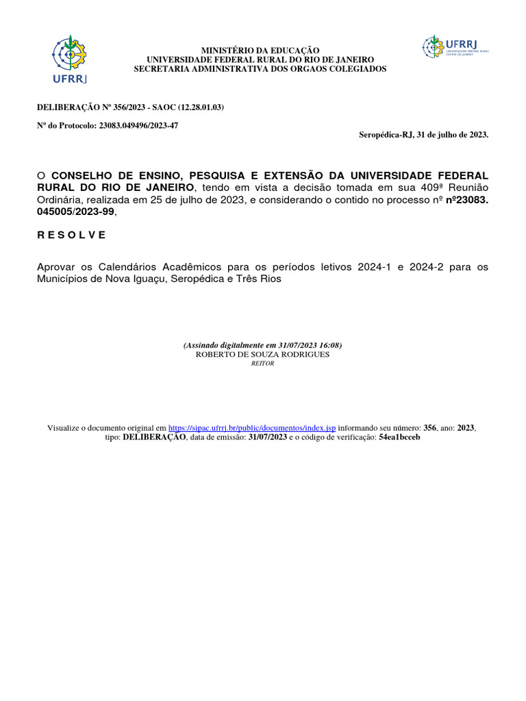 Calendario Academico 2024-1 e - 2024-2 Delib 356 CEPE 2023 | PDF