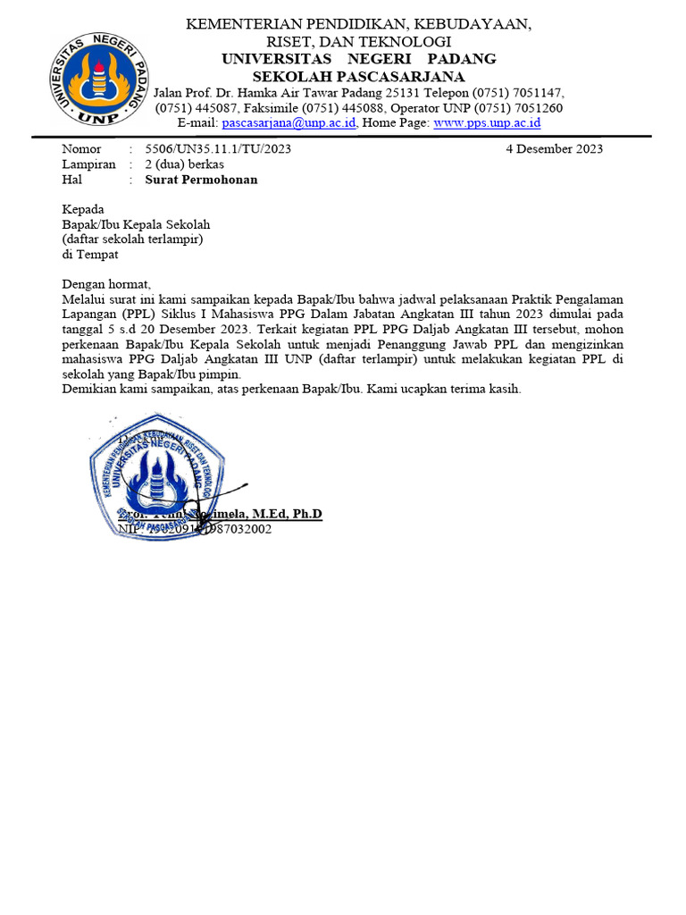 Permohonan PPL Mahasiswa PPG UNP 2023 | PDF