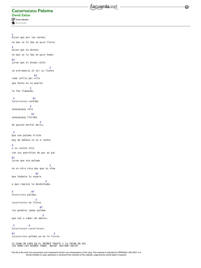 CUCURRUCUCU PALOMA, David Zaizar - Chords | PDF